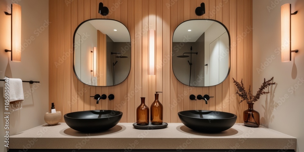 Modern luxury bathroom, double vanity, oval backlit mirrors, warm wood ...