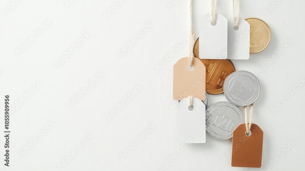 Stacked coins with price tags, visual representation of value and ...