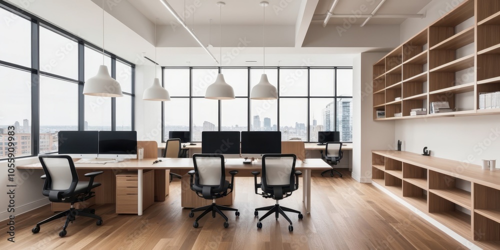 modern open office space, large windows, city skyline view, wooden ...