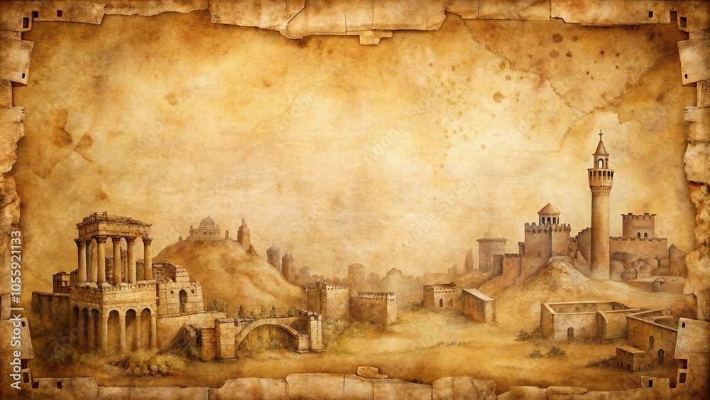 Parchment texture map of ancient city with ruins and old stone ...