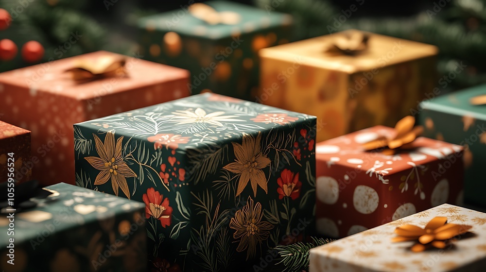 Holiday packaging design featuring cotton textures with festive shiny ...