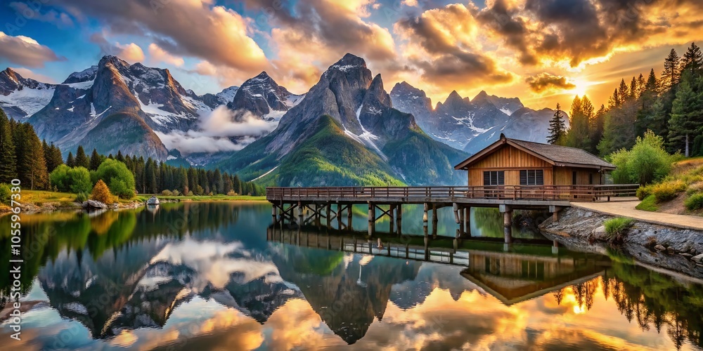 Symmetrical Mountain Landscape with Supporting Structures in High Depth ...