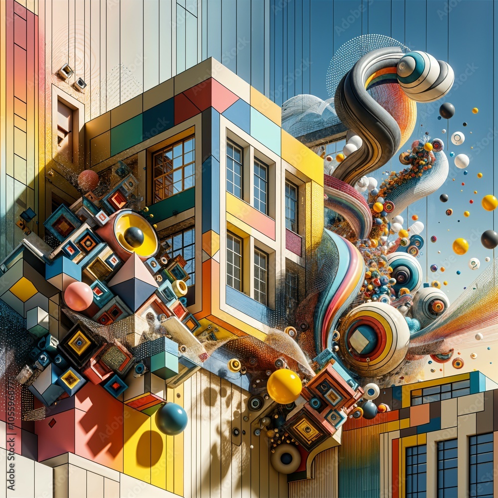 A vibrant explosion of geometric shapes and swirling patterns surrounds ...