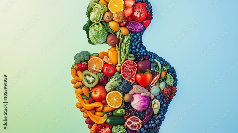 human body shape super food, vibrant fruits and vegetables forming body ...