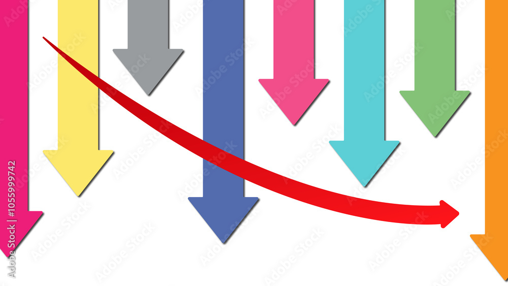 Decreasing concept. Set of colorful arrows pointing downward with a ...