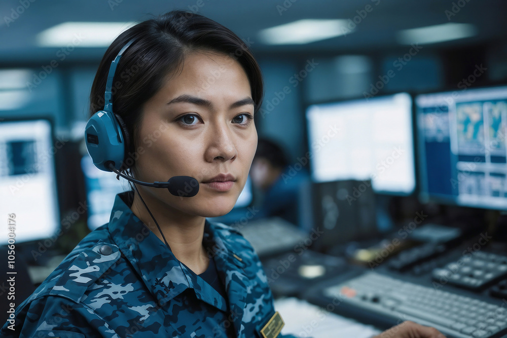 Face of serious Asian female naval officer in blue camouflage in naval army central control and ...
