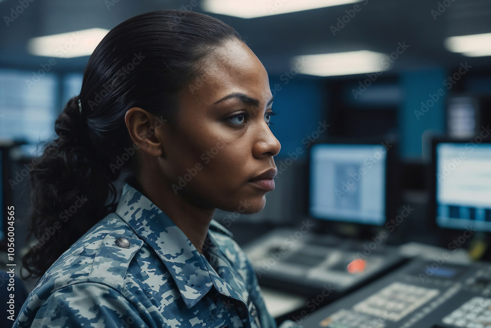 Face of serious African female naval officer in blue camouflage in ...