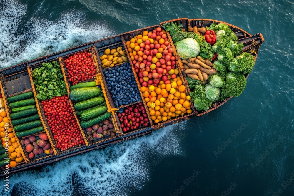 Fresh produce and cargo ship represent the global food supply chain and ...