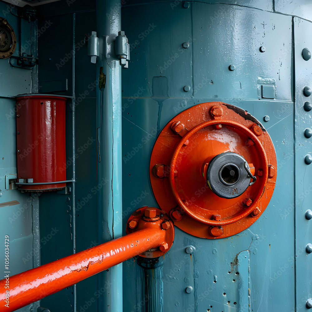 orange fire hose reel was attached to the blue wall in old military war ...