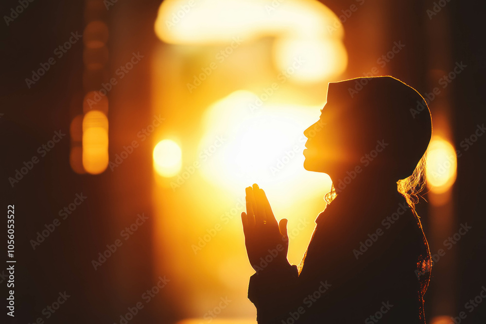 Silhouette Of A Muslim Woman Praying At Sunset Representing Isra Miraj ...