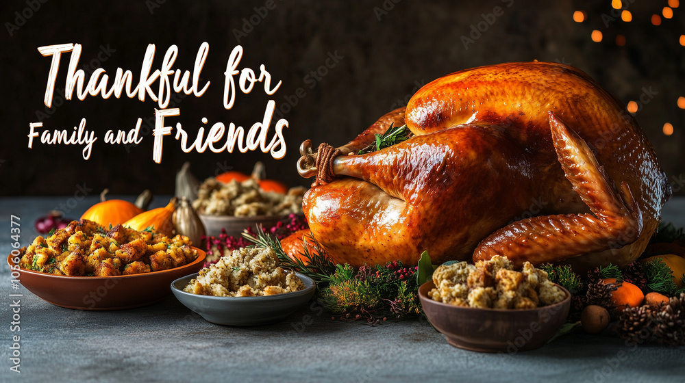 A banner featuring a carved turkey with sides like stuffing and sweet ...