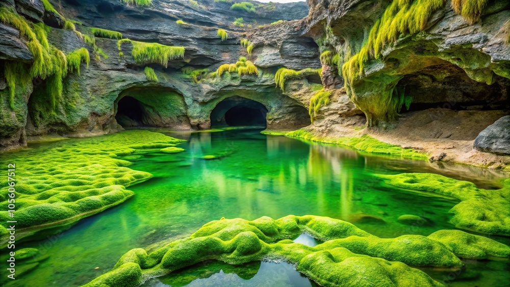 Thick layer of green algae covered in viscous slime oozes from a ...