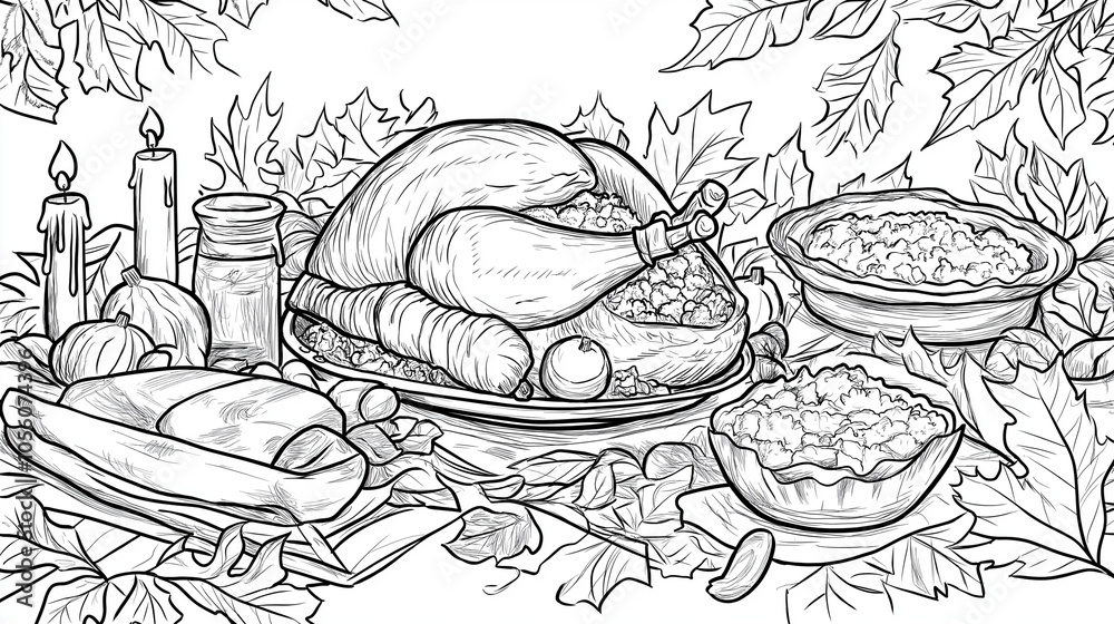 Coloring Page of a Thanksgiving Feast A beautifully set table filled with a roasted turkey ...