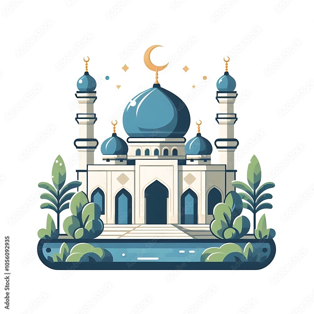 Flat, isolated illustration of a mosque featuring prominent domes and ...