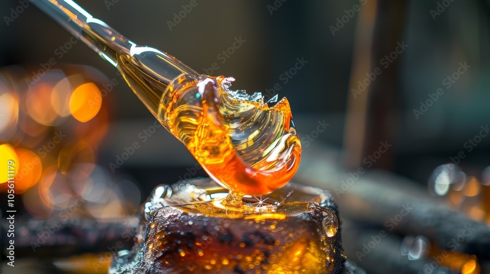 Glassblower is working with a blob of molten glass, shaping it with a ...