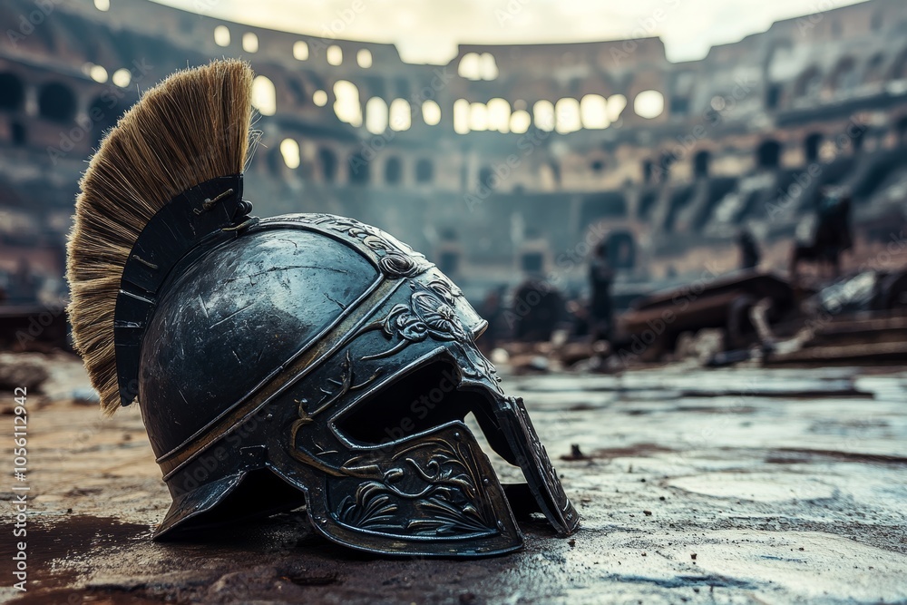 Gladiator helmet resting on arena floor with coliseum in background a ...