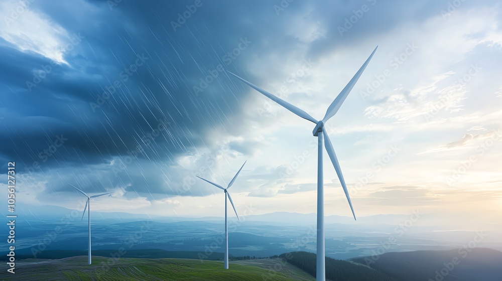 Majestic wind turbines stand against a dramatic sky, harnessing ...