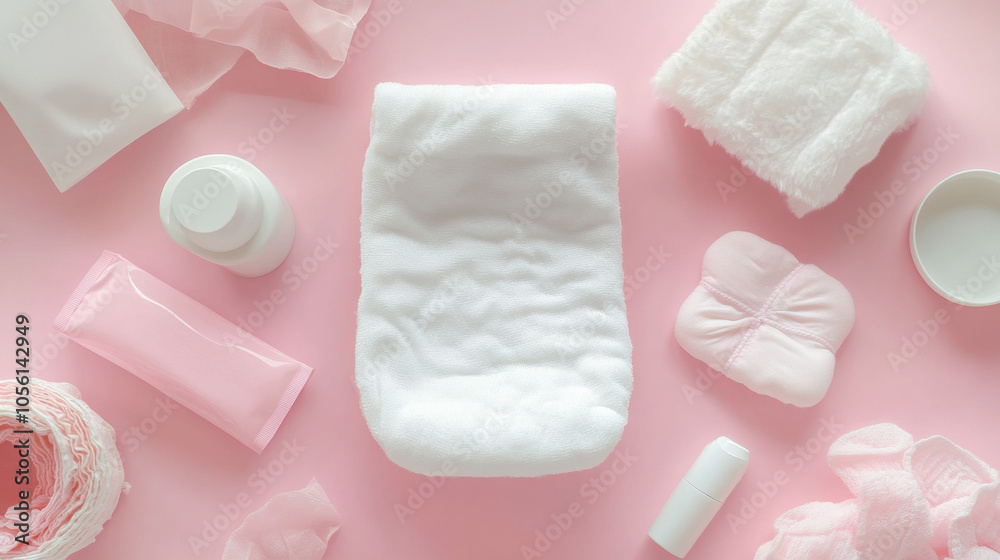 "A top view showcases creams for changing a baby's diaper in soft pink ...