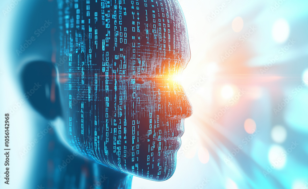 Human Face with Digital Data Overlay: A profile of a human face with ...