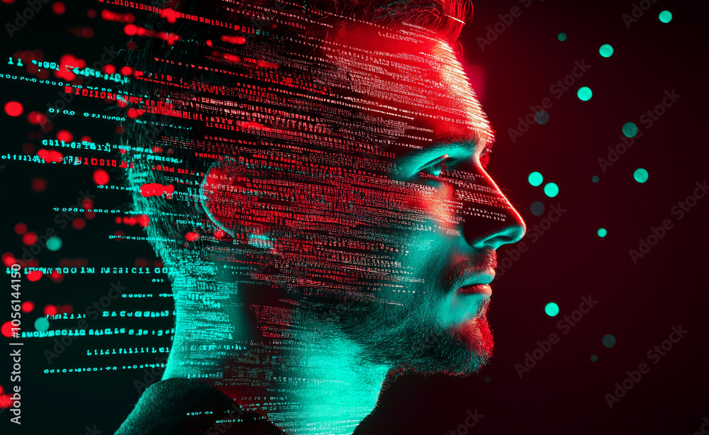 Man with Digital Data Overlay on Face: Side profile of a man with red ...