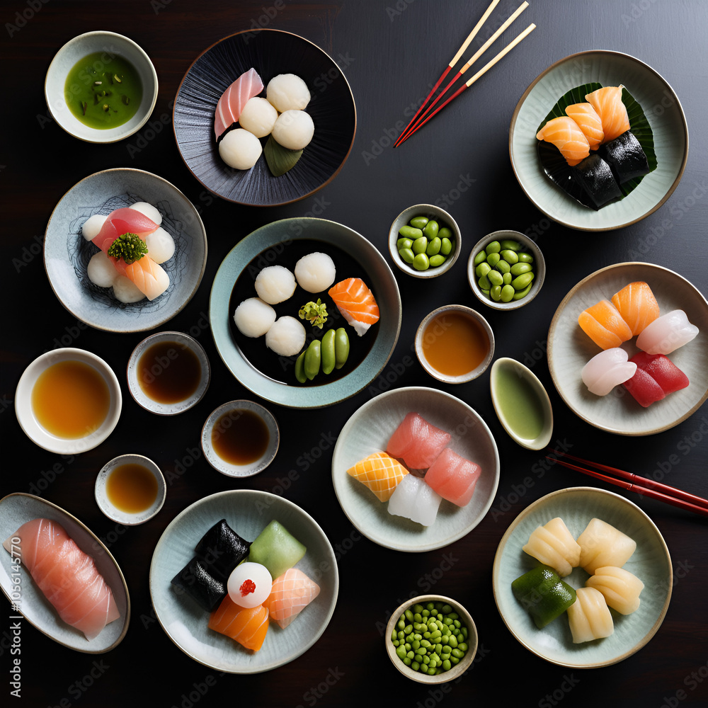 Elegant image of traditional Japanese foods on a minimalist table ...
