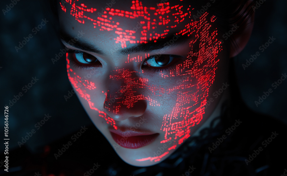 Cyber Face with Digital Code Projection: Close-up of a woman's face ...