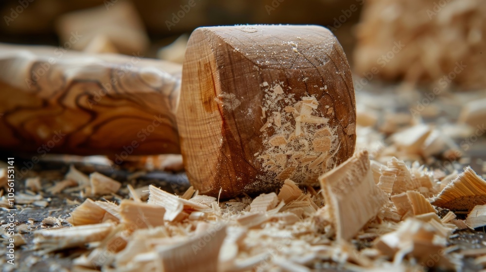 Crafting a wooden object in a workshop, with sawdust scattered on the ...