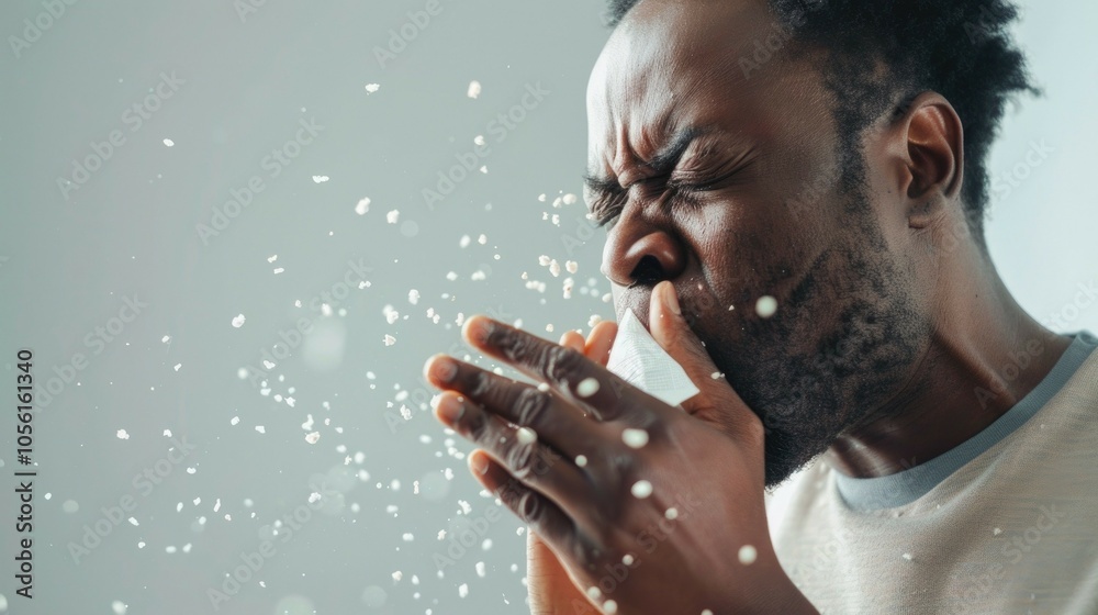 Sneezing man releasing germs in air: health and hygiene focus Stock ...