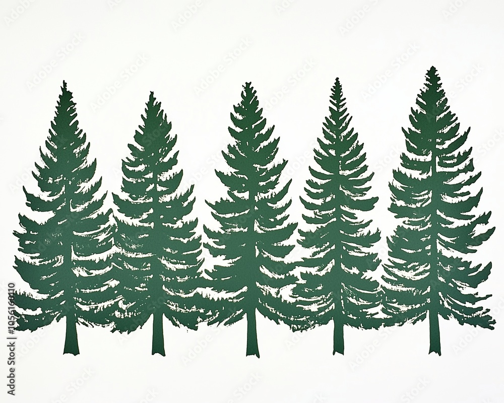 group of pine trees in a forest, depicted in a linocut illustration ...