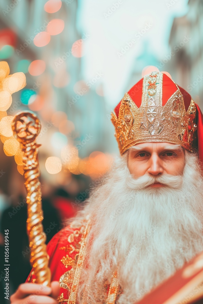 Saint Nicholas, dressed as a bishop in red and gold with a long white ...