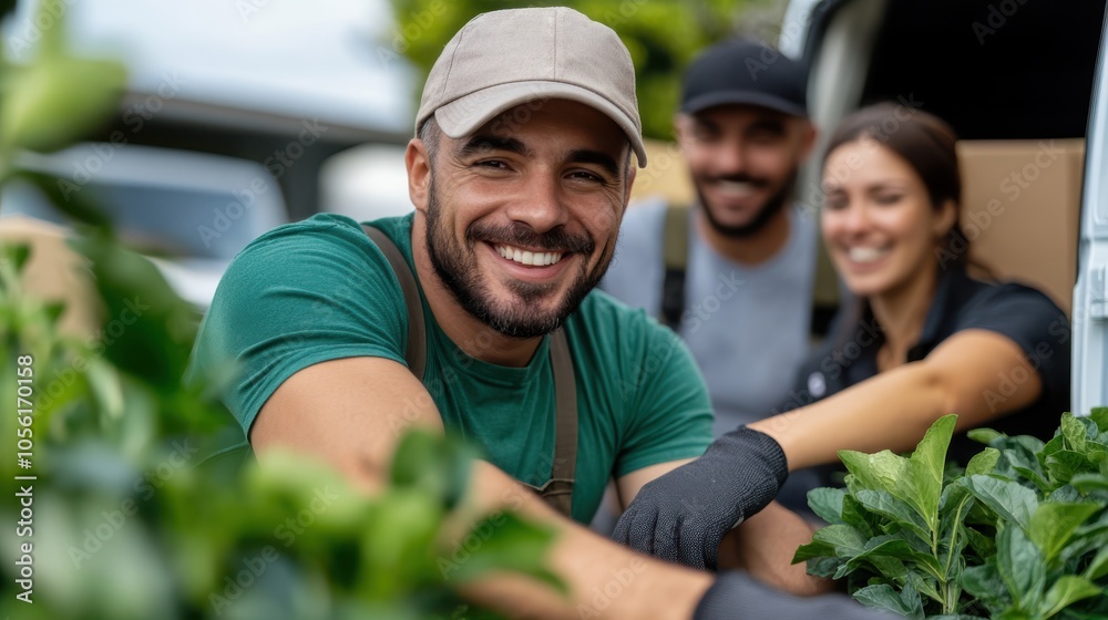 Smiling gardeners work with plants, enjoying their tasks and ...