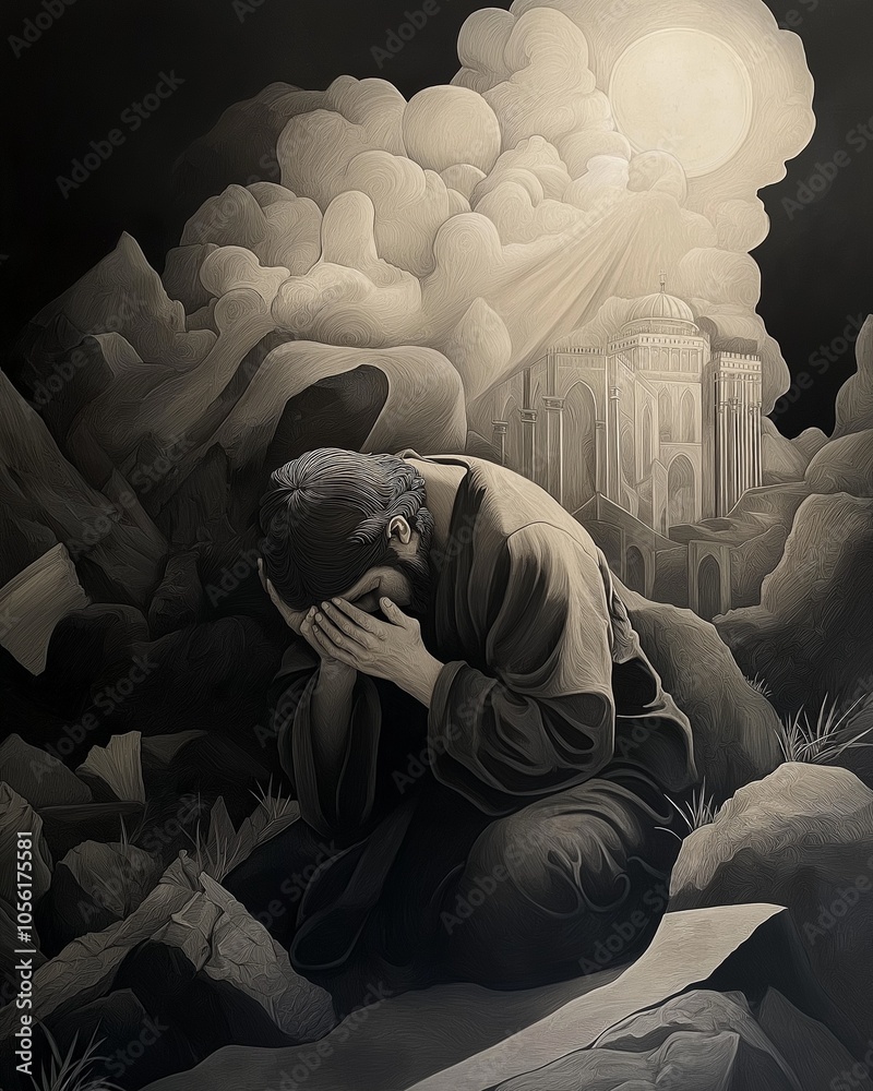 Kneeling amidst rocky terrain, Jesus Christ experiences profound ...