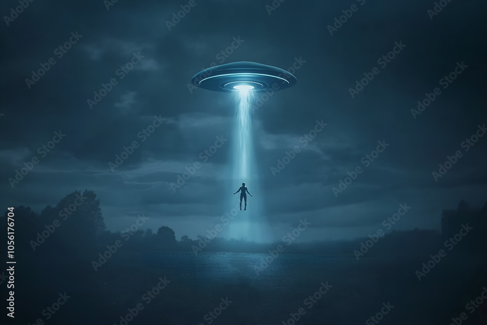 Alien abduction scene with a beam of light pulling a person upwards ...