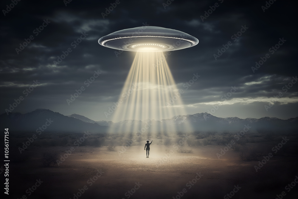 Alien abduction scene with a beam of light pulling a person upwards ...