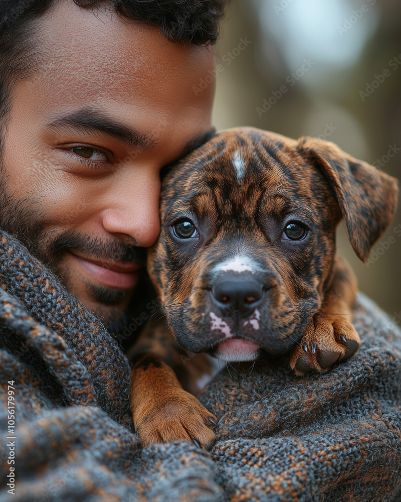a black man cuddles a brindle puppy - a happy pet owner with facial ...