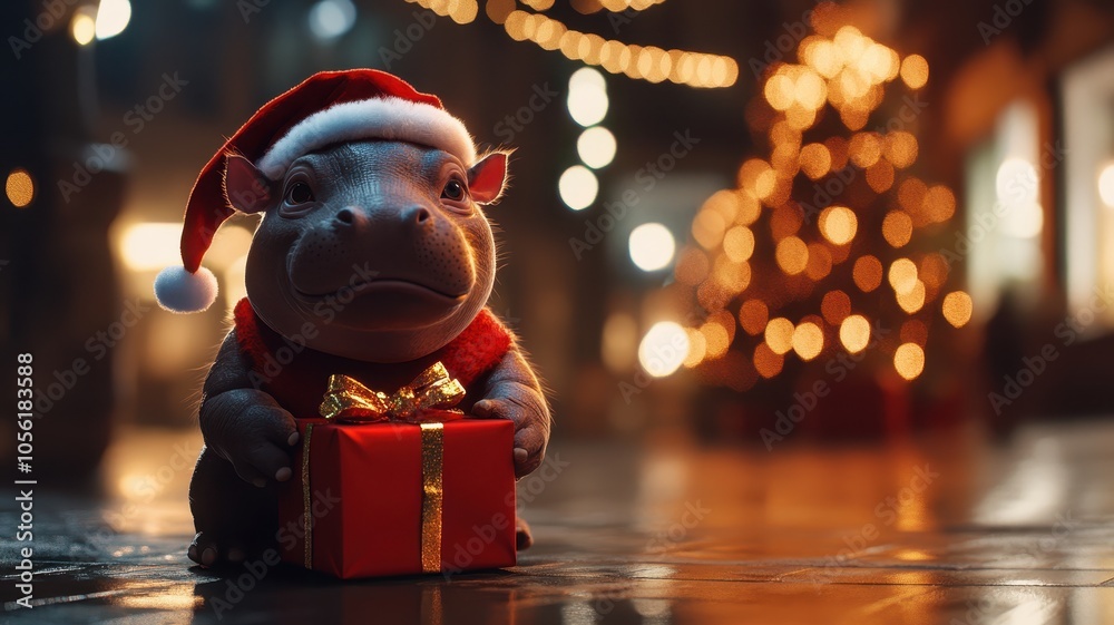 Happy pygmy hippopotamus wearing a Santa hat, carrying a gift down a ...