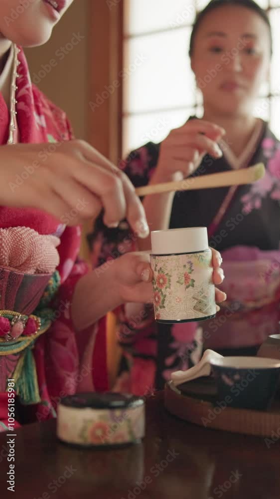 Japanese women, hands and preparation of tea, table and chanoyu for ...