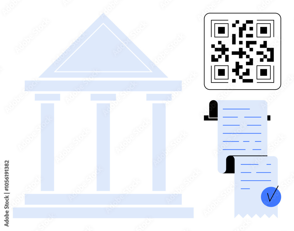 Government building with columns, QR code in top right corner, and long ...