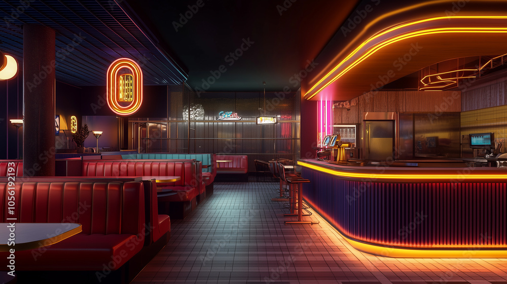Neon-lit vintage american diner interior with empty bar counter and red ...