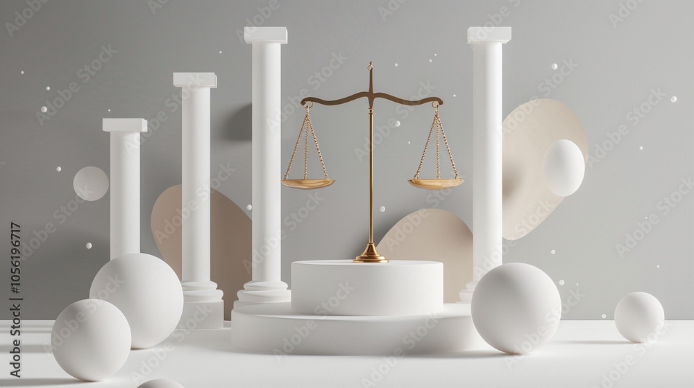 Scale of justice with white columns and balls 3d rendering image ...