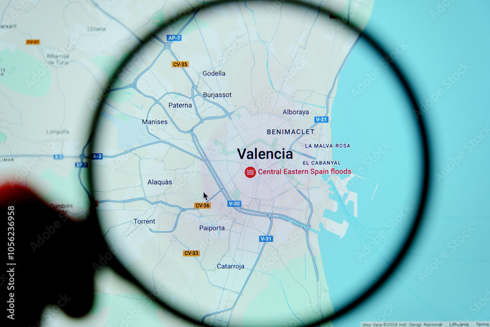 Spain flooding. Central Eastern Spain floods in Valencia displayed on ...