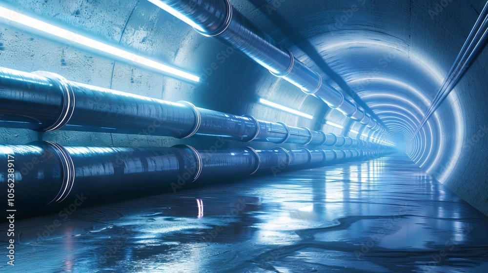 Spacious underground sewer tunnel with reflective water and illuminated ...
