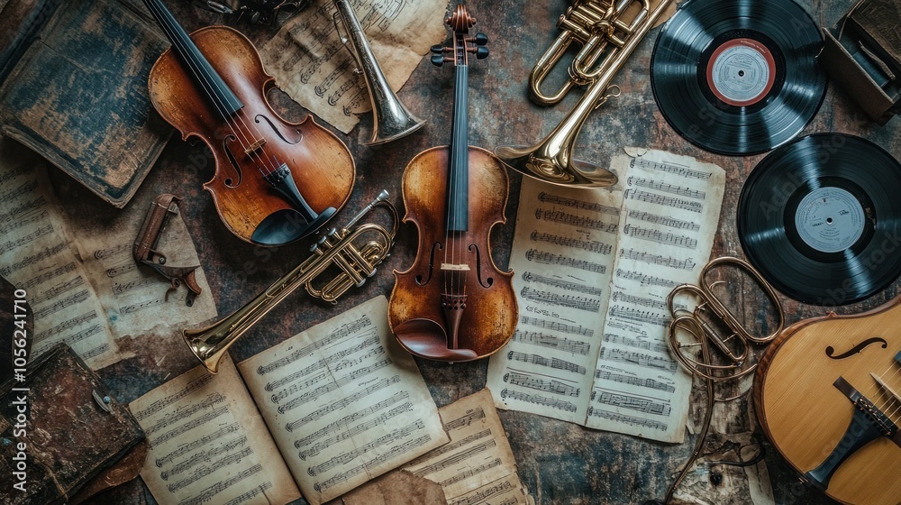 Vintage musical instruments, sheet music, and vinyl records on a rustic ...