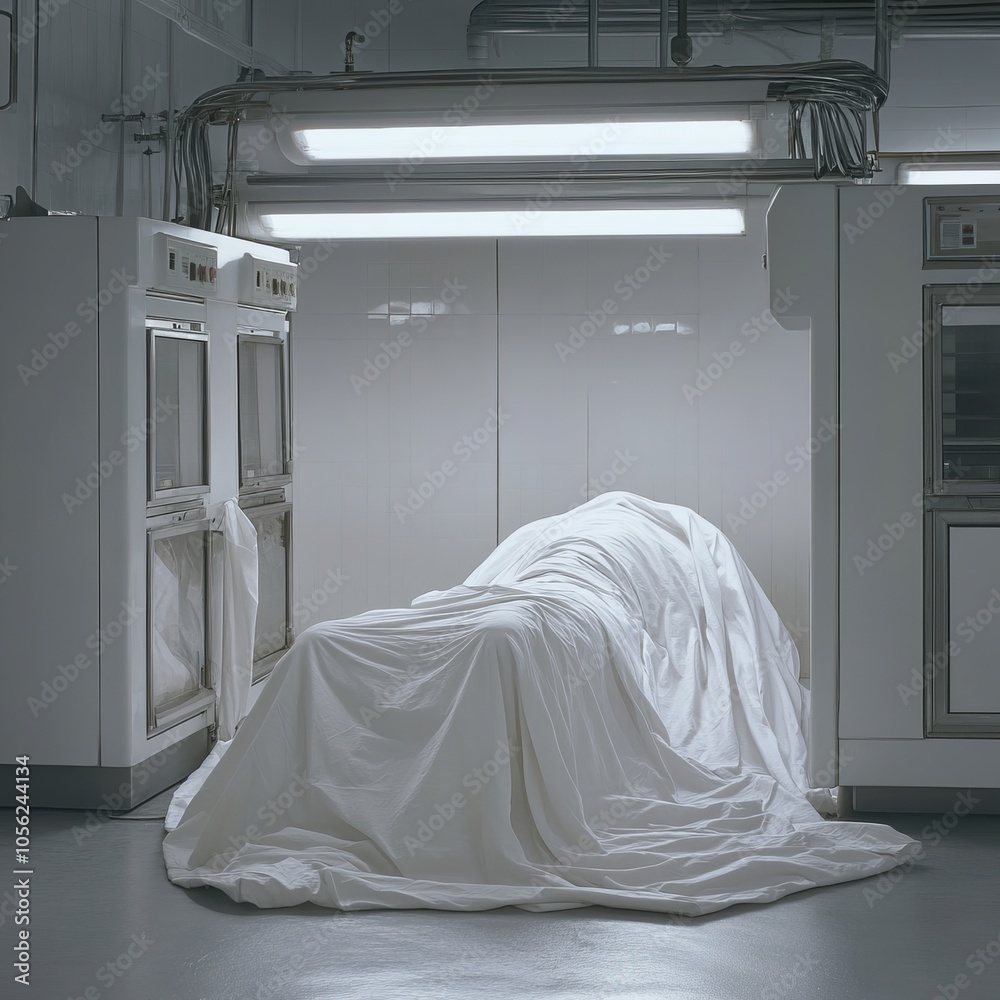 Image of a deceased body under a white sheet in the morgue, awaiting ...