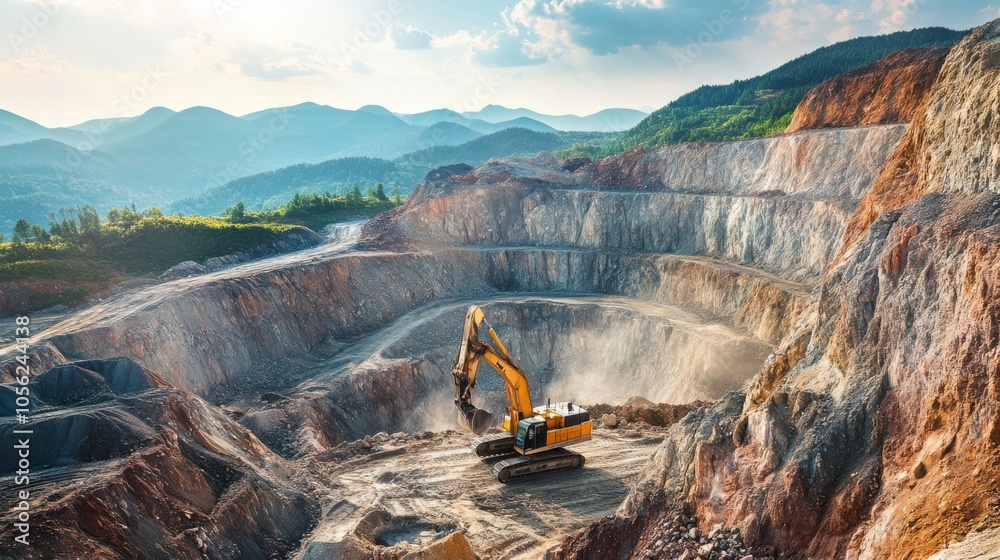 Massive excavators digging deep into an open-pit mine, extracting Stock ...