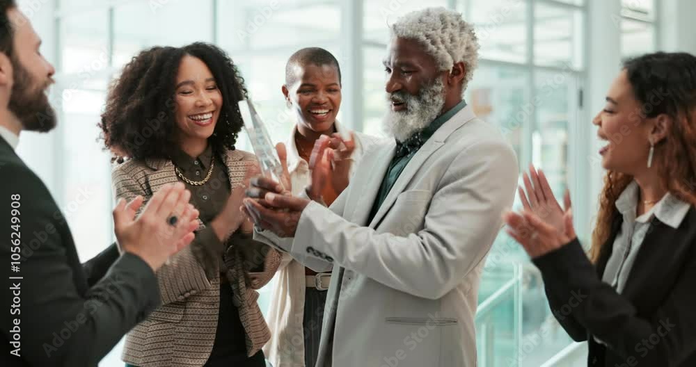 Celebration, clapping and group in office, achievement and award for ...