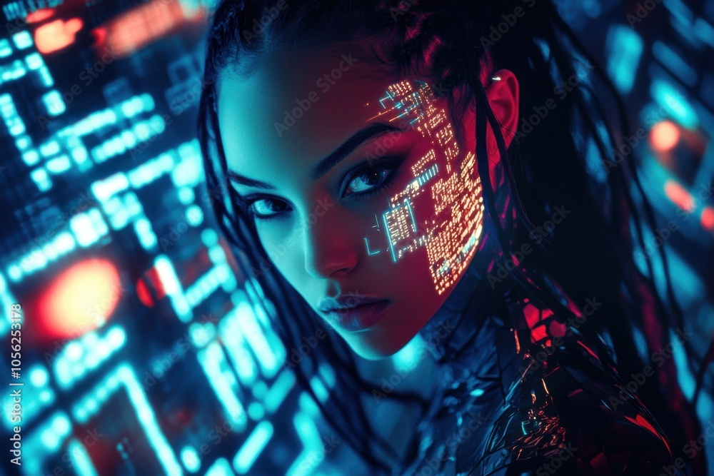 Beautiful female cyberpunk portrait, with neon lights, a computer chip ...