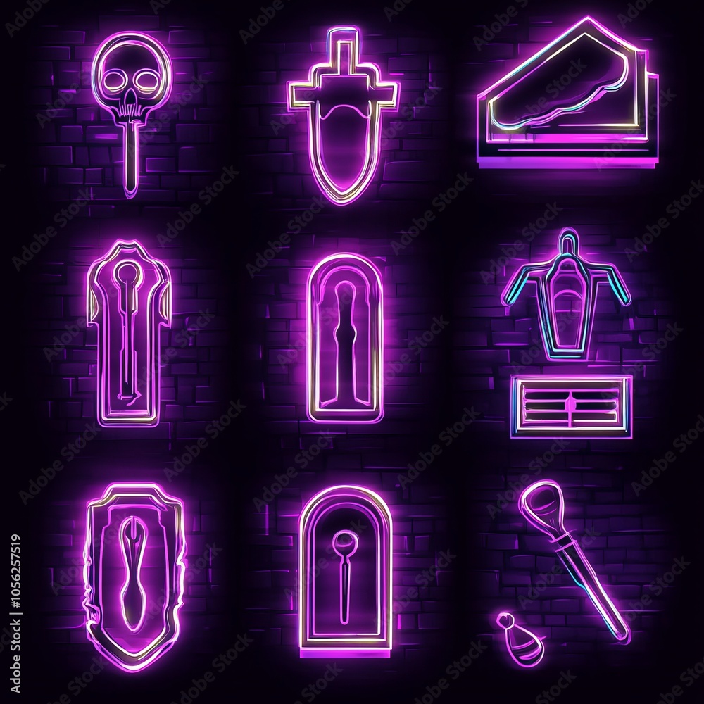 Neon-themed vector icon set featuring morgue-related symbols, including ...