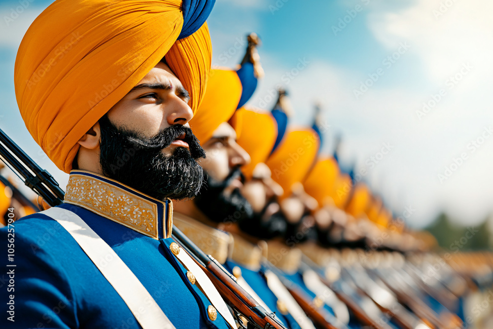 Indian soldiers in historical attire, lined up with rifles and turbans ...