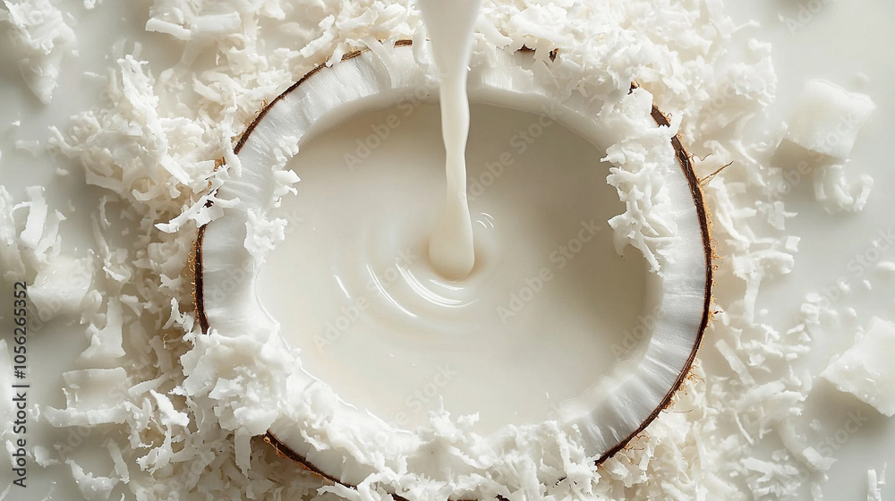 Top-View Shot of Coconut Milk Pouring into Half Coconut with Shredded ...